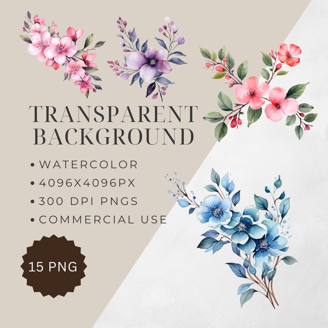 Watercolor Flower Clipart Bundle: Floral PNG Images (digital Download ...
