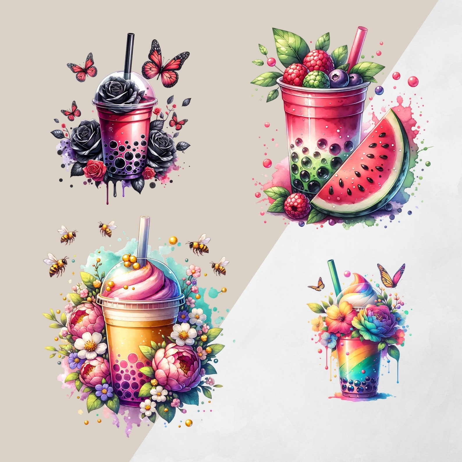 Floral Bubble Tea Clipart: Watercolor Flower Tea Lover PNG Set (digital ...