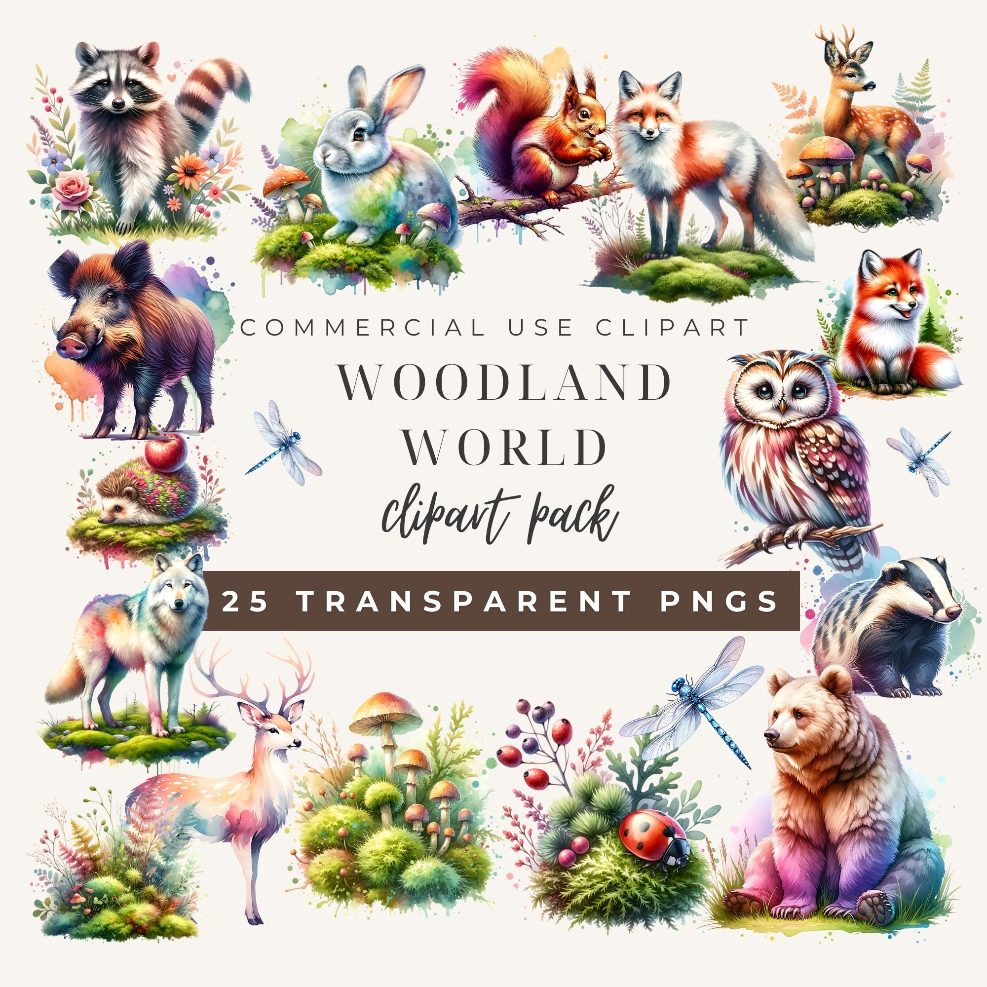 Woodland Animals Clipart Bundle: Watercolor Forest Designs (25 PNG ...