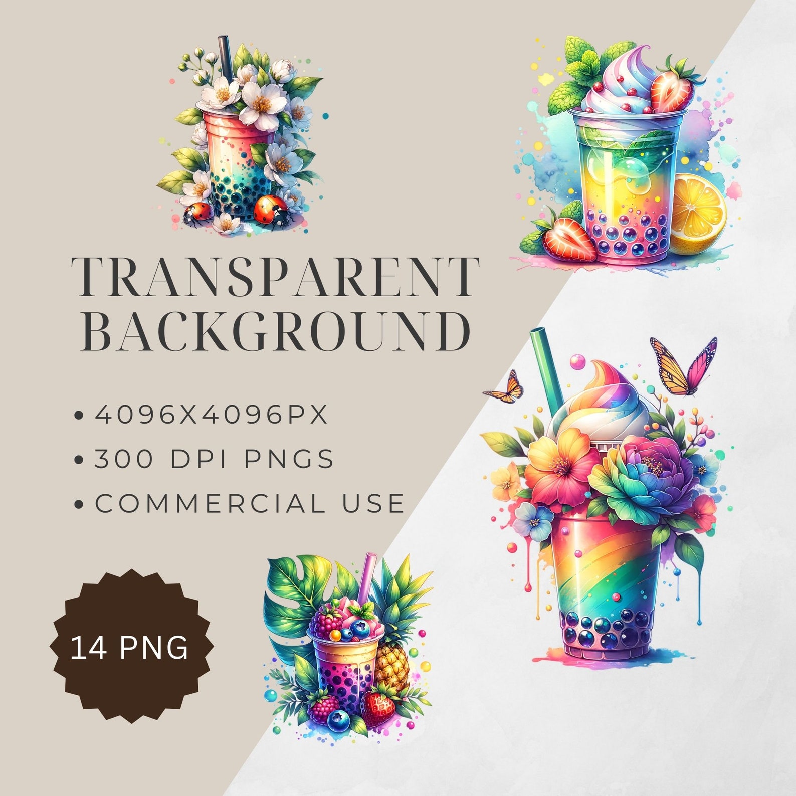 Floral Bubble Tea Clipart: Watercolor Flower Tea Lover PNG Set (digital ...