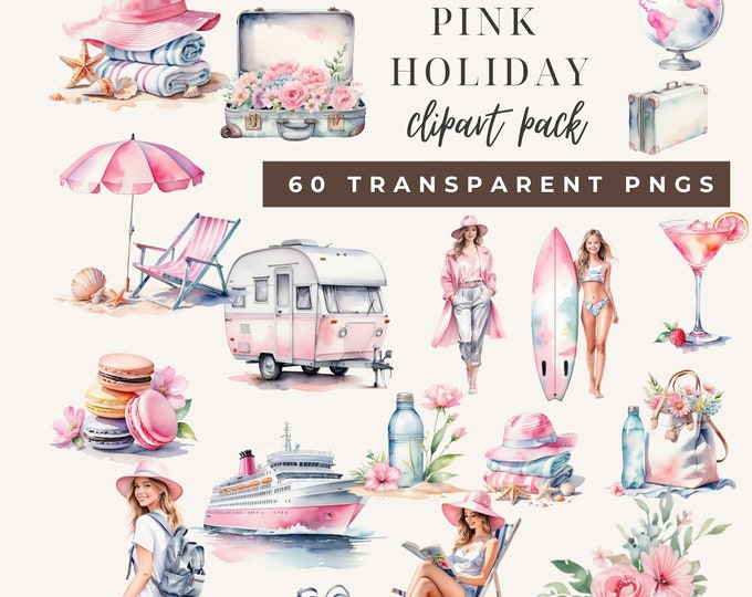 Pink Travel Watercolour Clipart Bundle, 22 Transparent PNG 300 Dpi ...