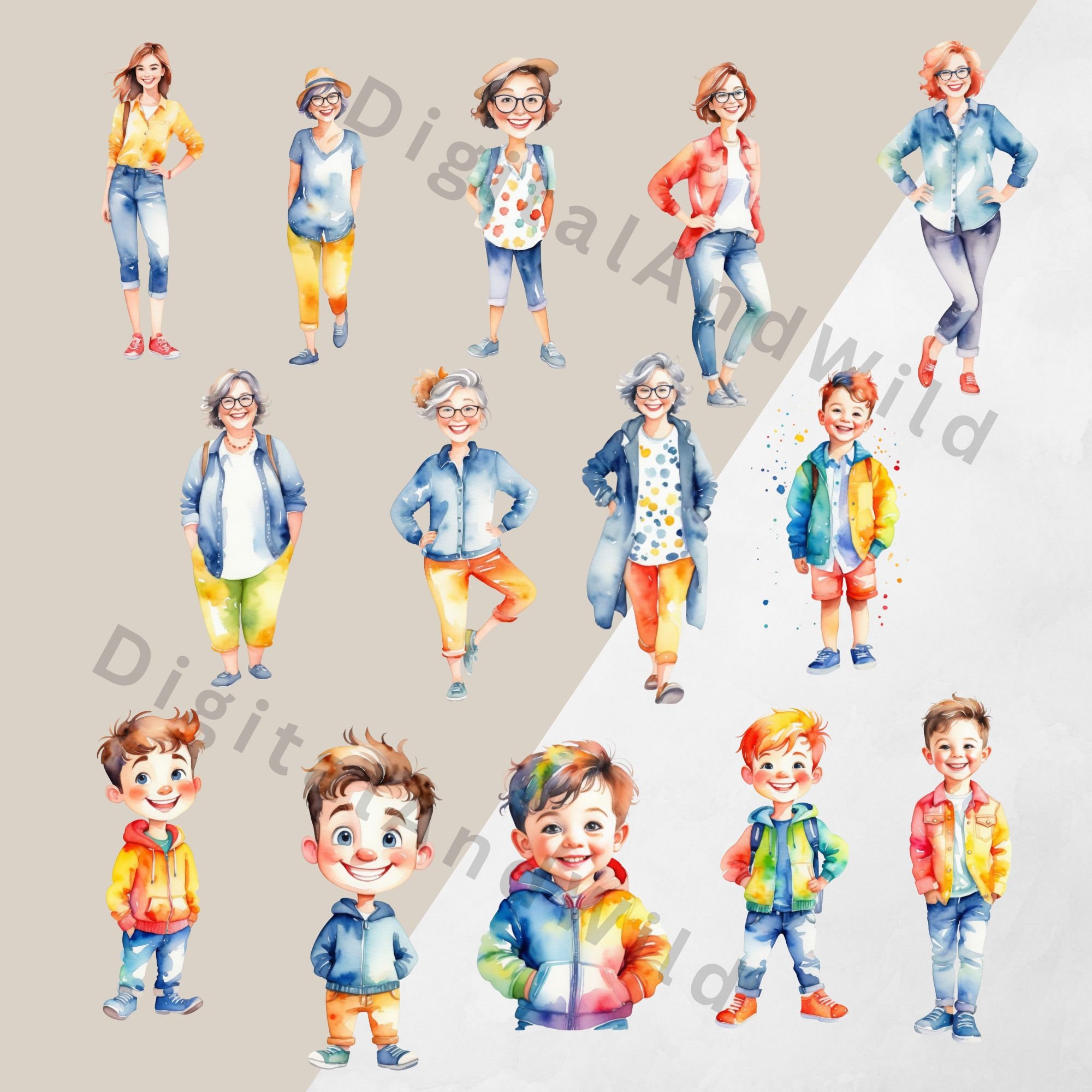 Watercolor People Clipart Bundle: Happy Family PNG Designs (commercial ...