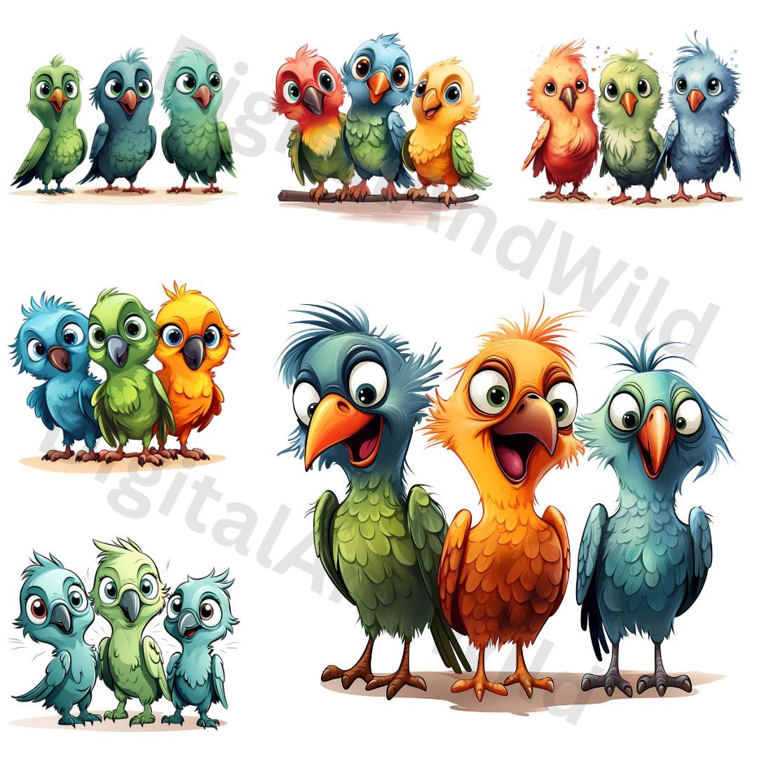 Funny and Cute Parrots Digital Clipart Bundle, Cute Birds Clip Arts ...