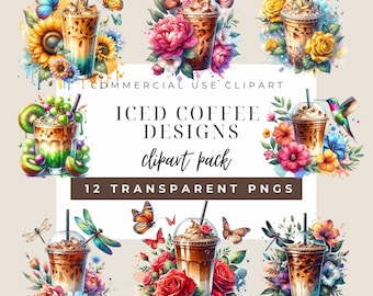 12 Iced Coffee and Flowers Clipart Set Watercolor Floral Digital ...