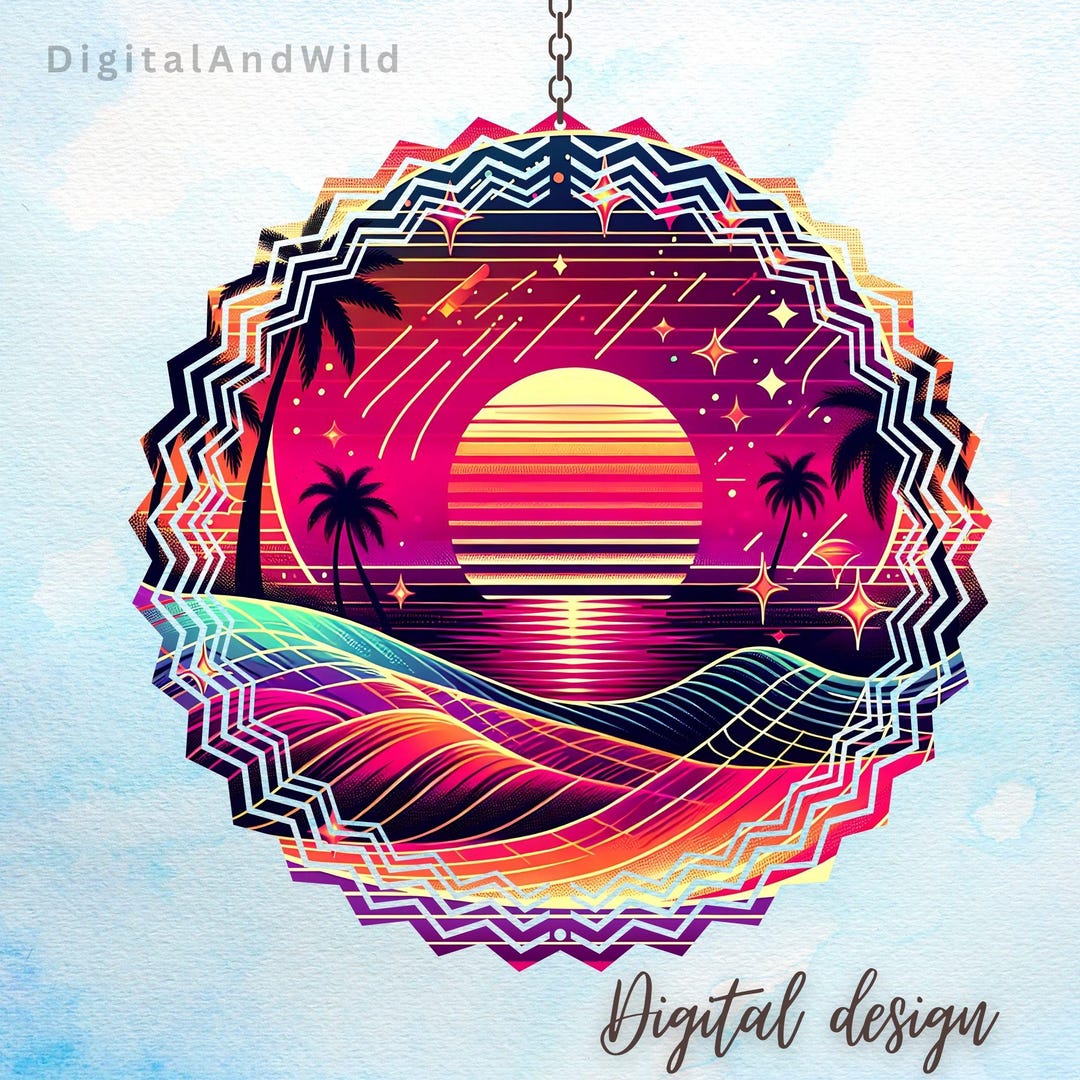Retro Sunset Palm Tree Wind Spinner Design - Vibrant 80s Aesthetic With ...