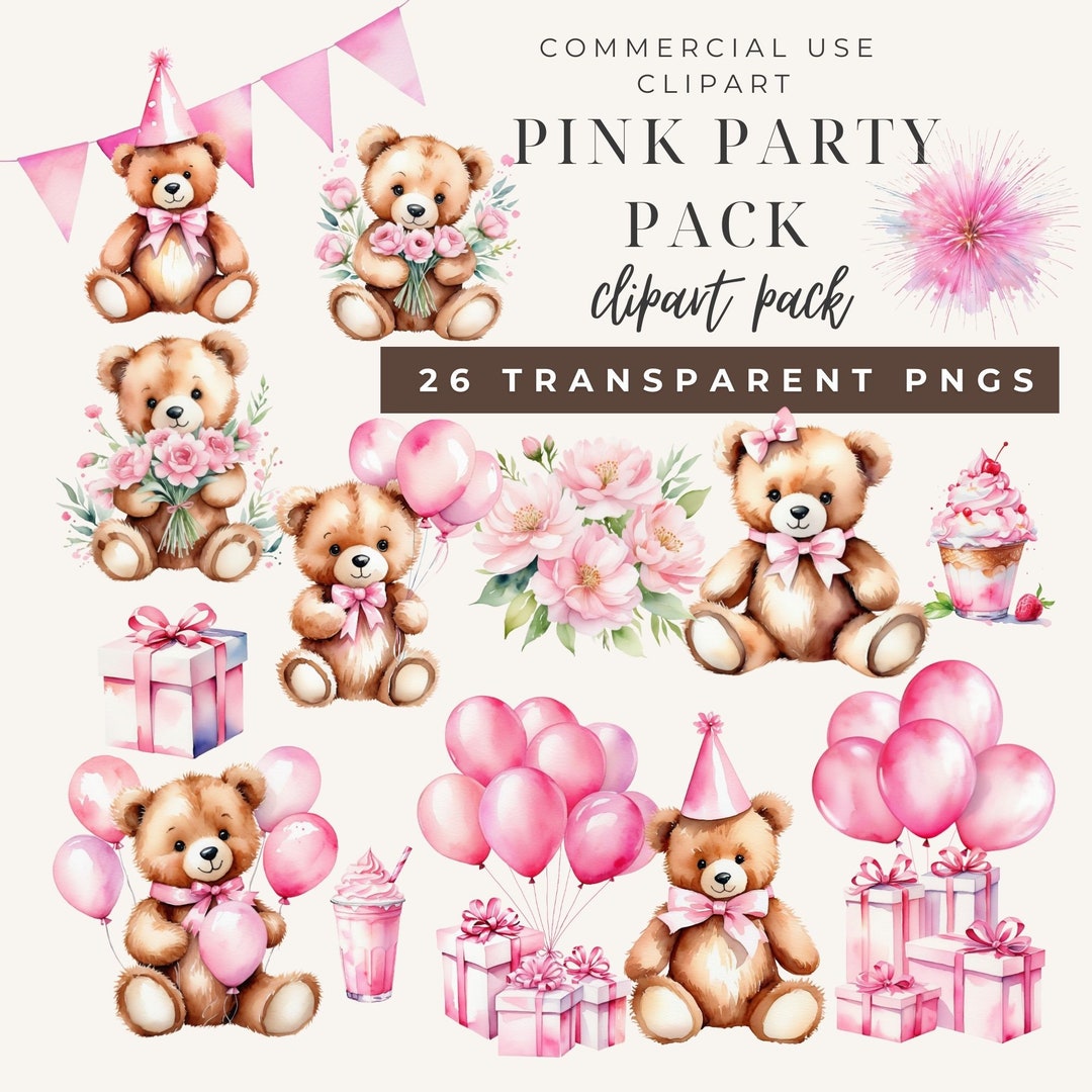 Pink Party Watercolor Clipart Bundle, Girl Party Clip Art Set, Party ...