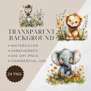 Safari Baby Animals Clipart Bundle, Watercolor Floral Animal Pngs for ...