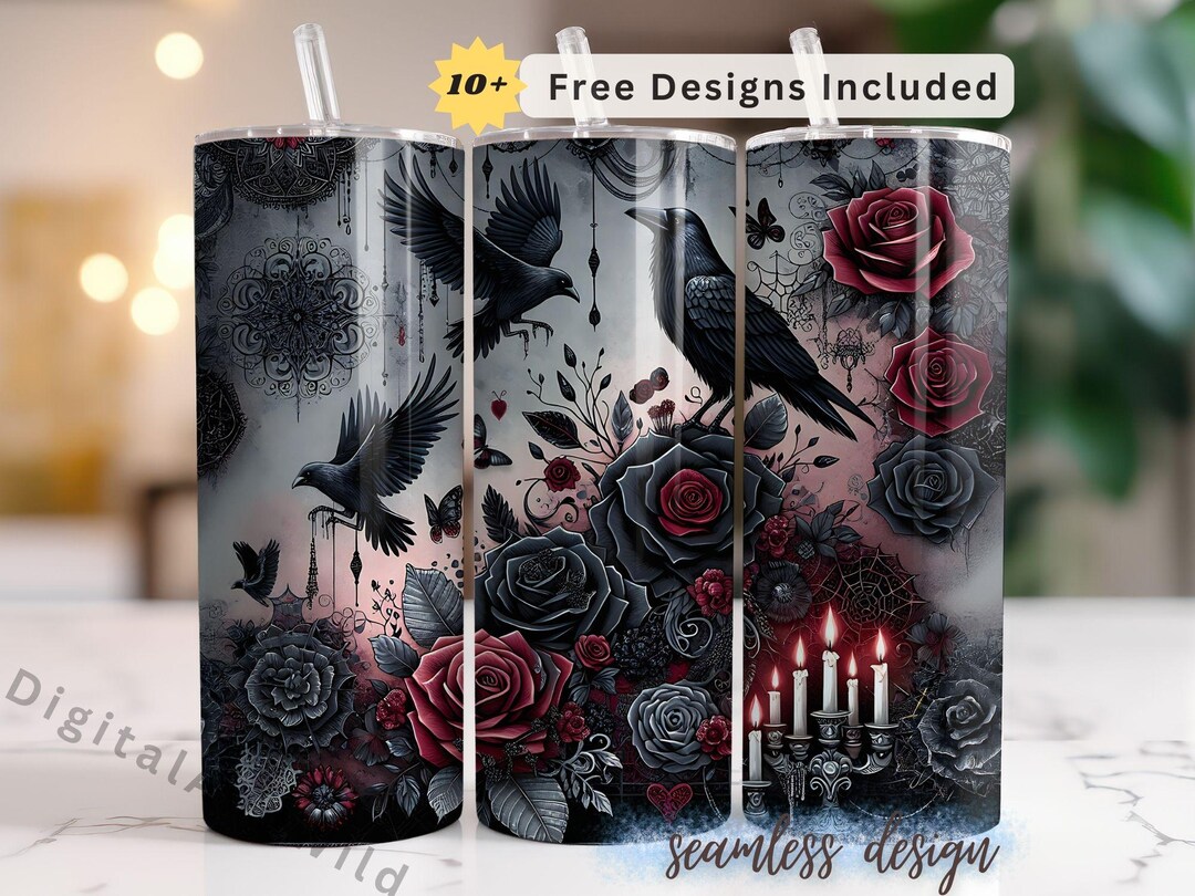 Gothic Raven Rose Tumbler Wrap PNG, Dark Victorian 20oz Sublimation ...