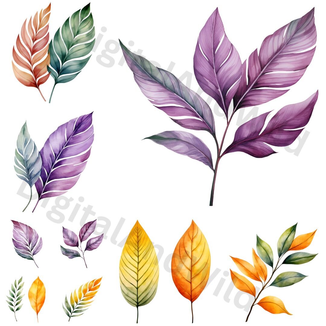 Beautiful Leaves Digital Watercolor Images PNG Files Instant Digital ...