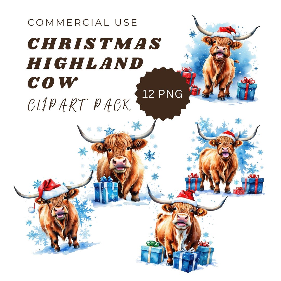 Highland Cow Christmas Clipart Bundle - Cute Watercolor Cows - Digital ...
