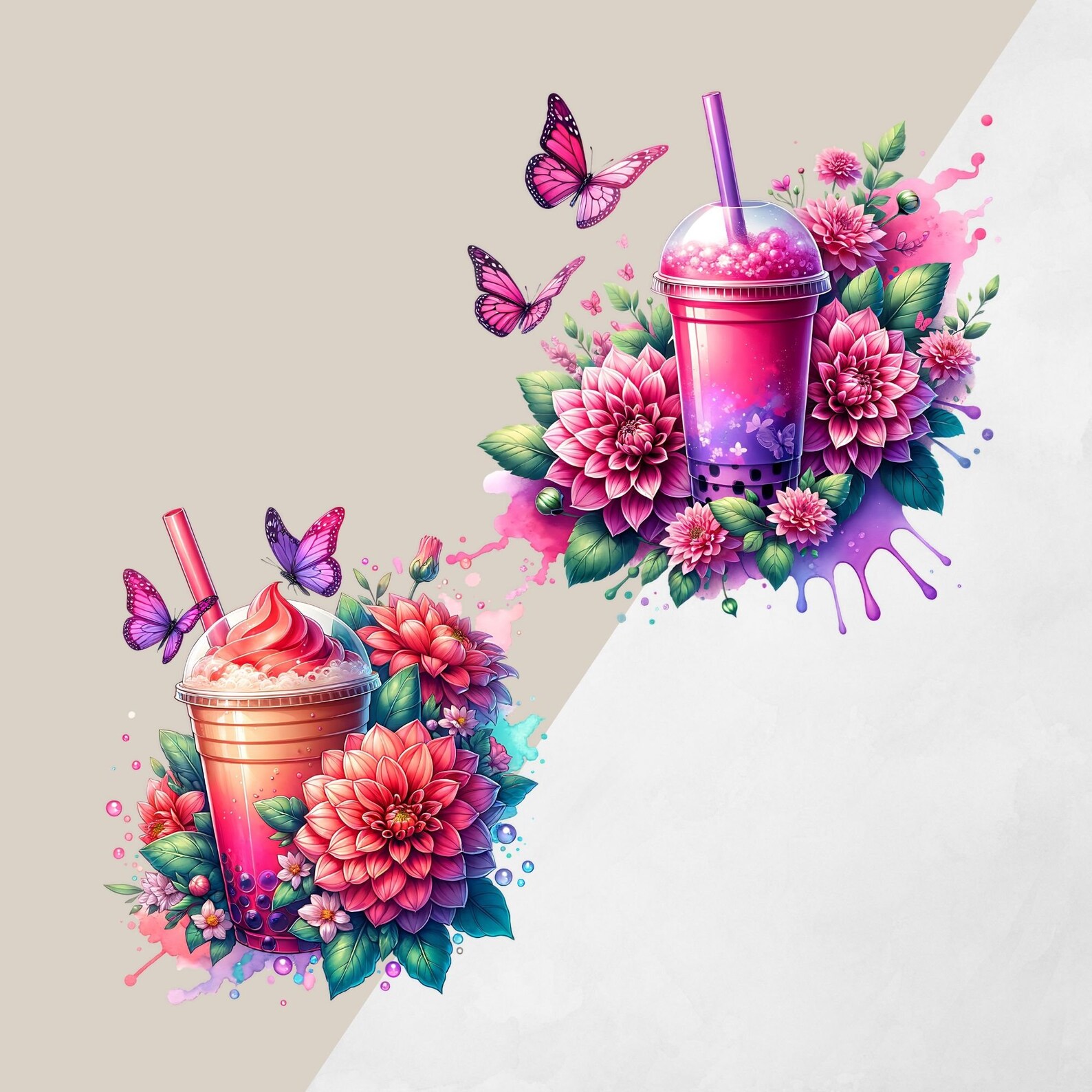 Floral Bubble Tea Clipart: Watercolor Flower Tea Lover PNG Set (digital ...
