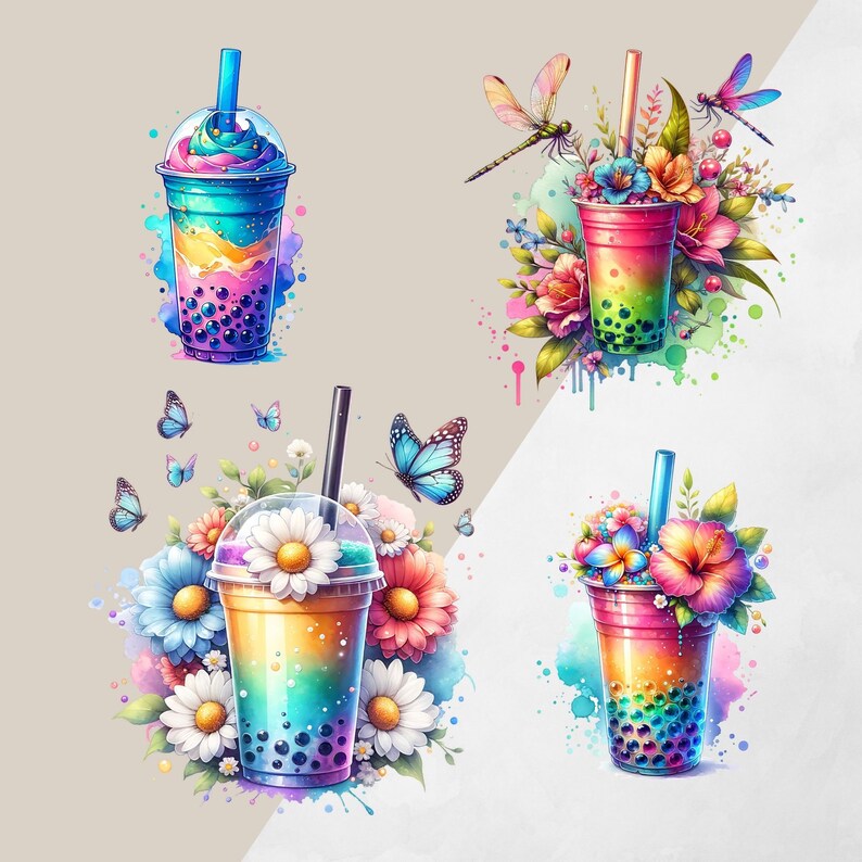 Floral Bubble Tea Clipart: Watercolor Flower Tea Lover PNG Set (digital ...