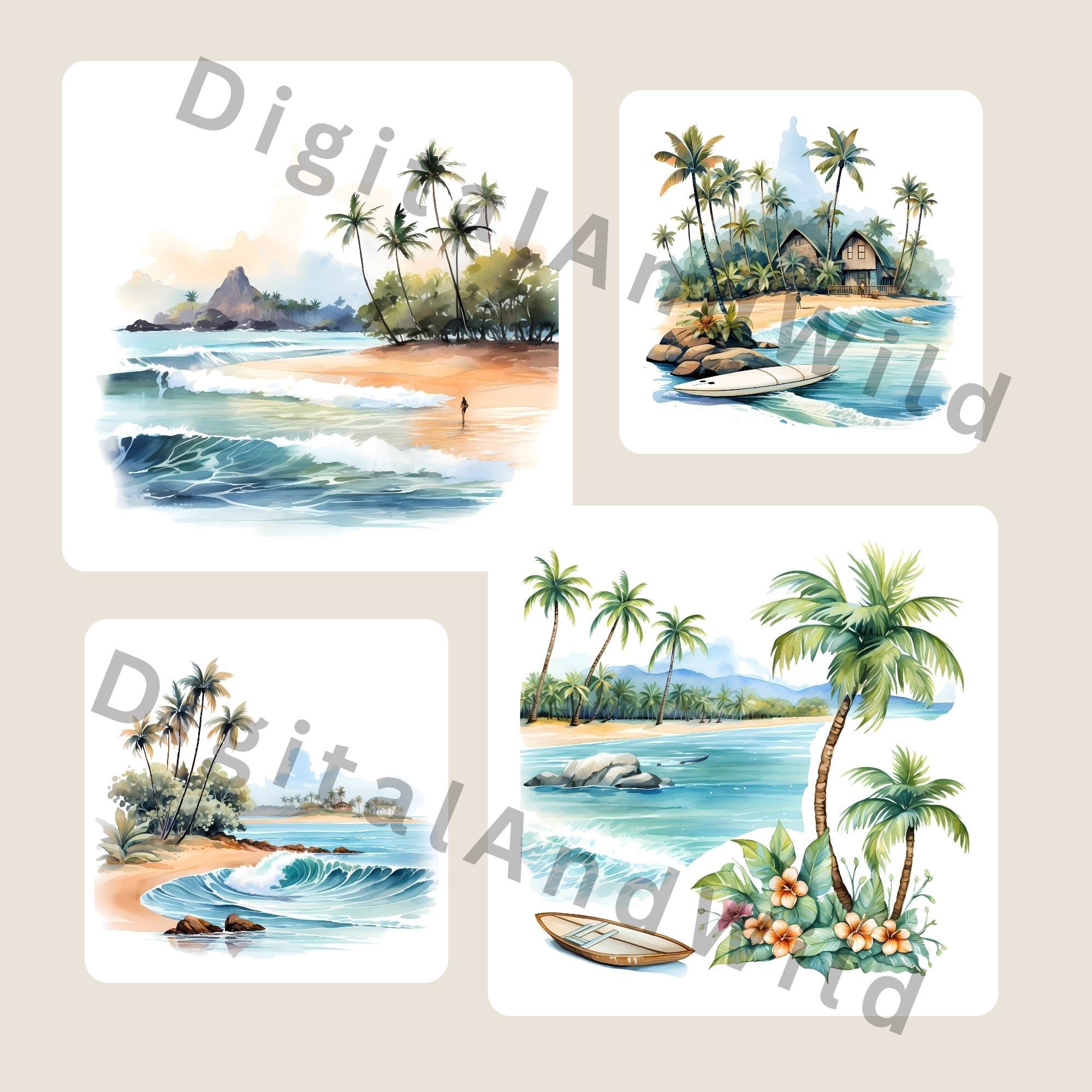 Watercolor Hawaii Clipart: Tropical Flowers & Beach Designs (digital ...