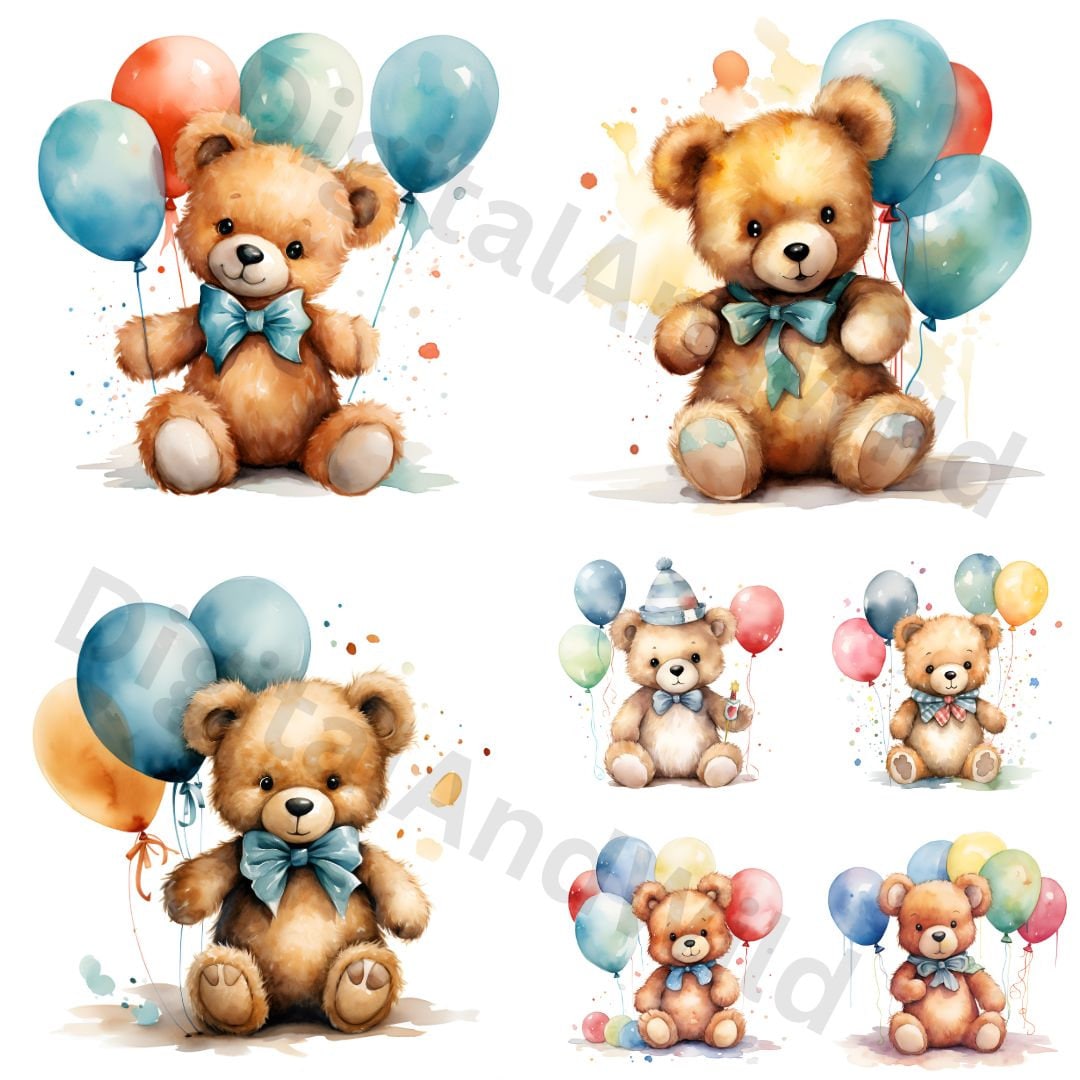 Cute Teddy Bear With Balloons Clipart Bundle - Adorable Nursery Design ...