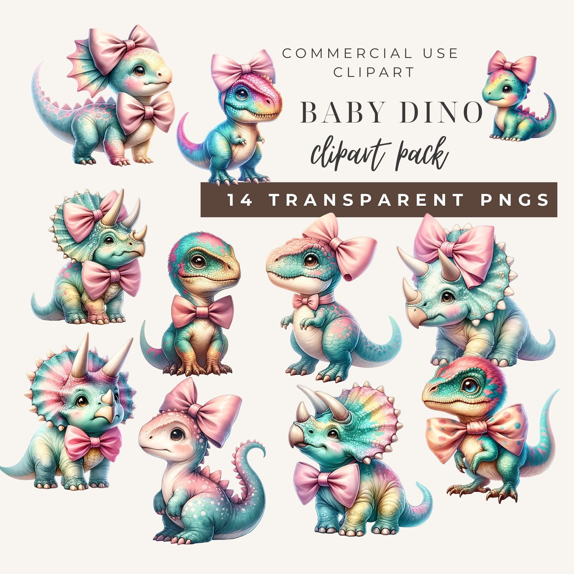 Girly Dinosaurs Watercolor Clipart Bundle - Dino Clip Art Set of ...