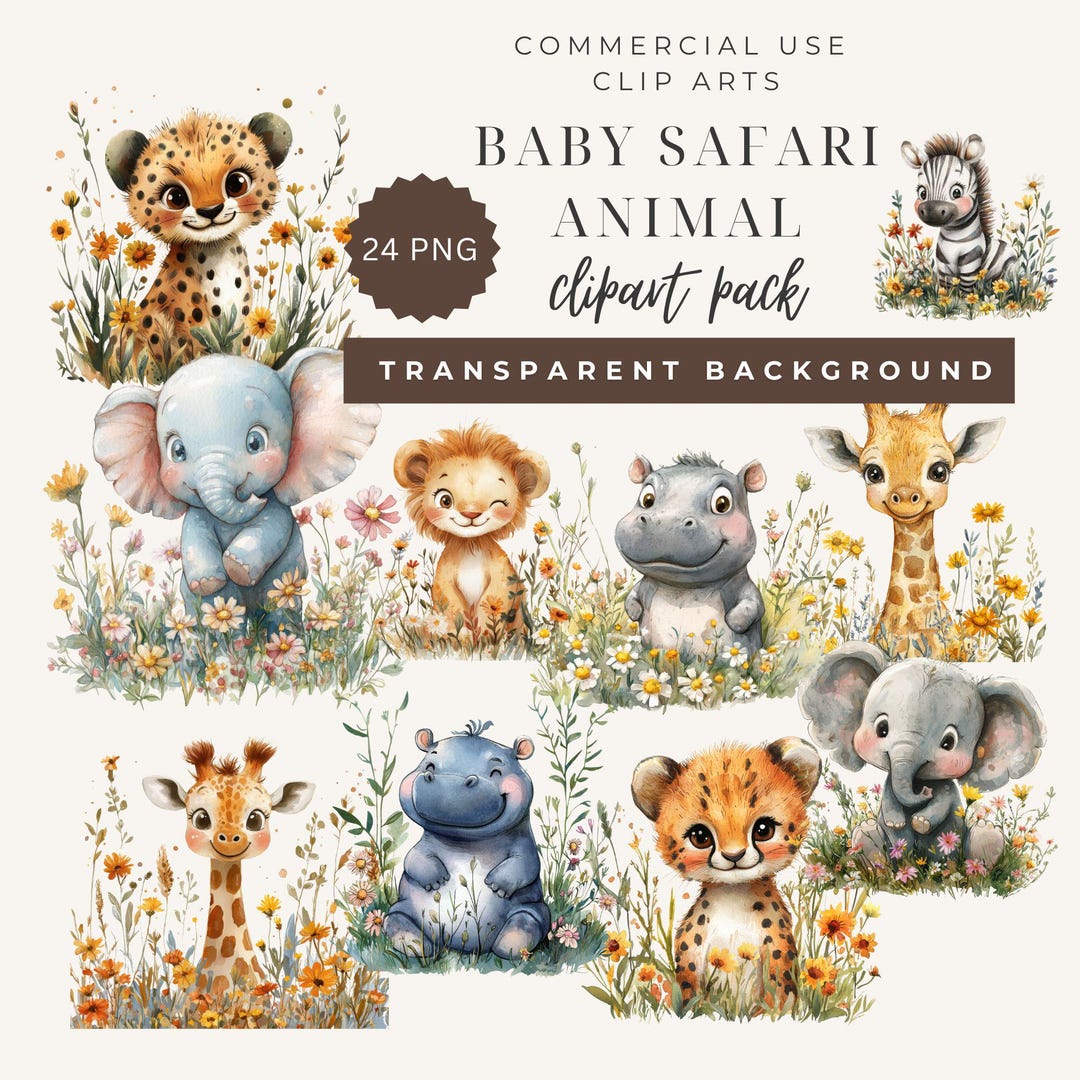 Safari Baby Animals Clipart Bundle, Watercolor Floral Animal Pngs for ...