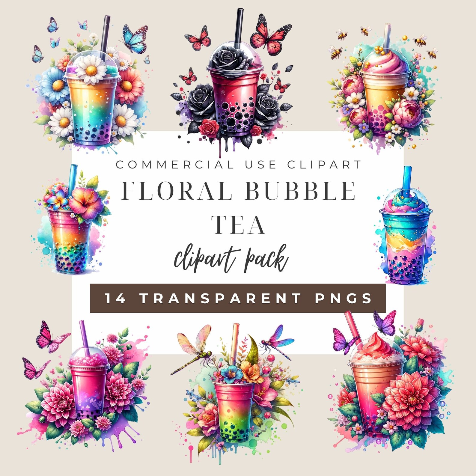 Floral Bubble Tea Clipart: Watercolor Flower Tea Lover PNG Set (digital ...