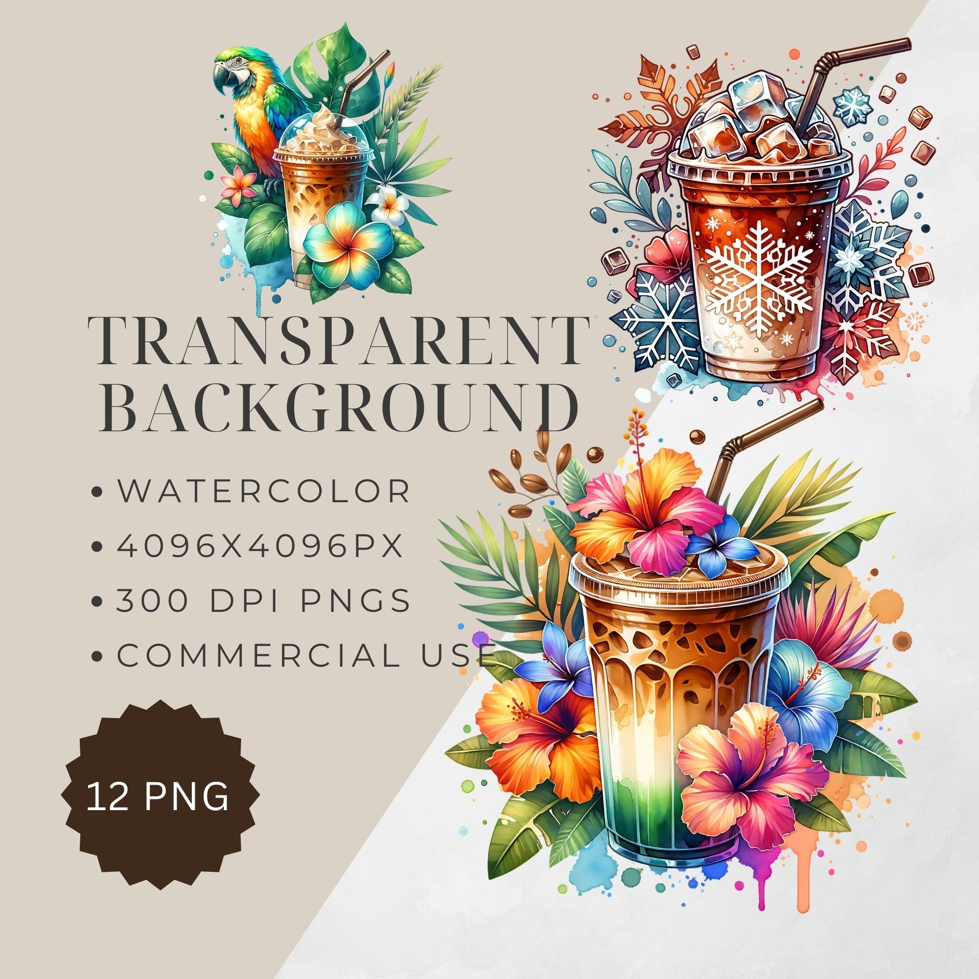 Floral Iced Coffee Lover Clipart, Watercolor Flower Digital Designs, 12 ...