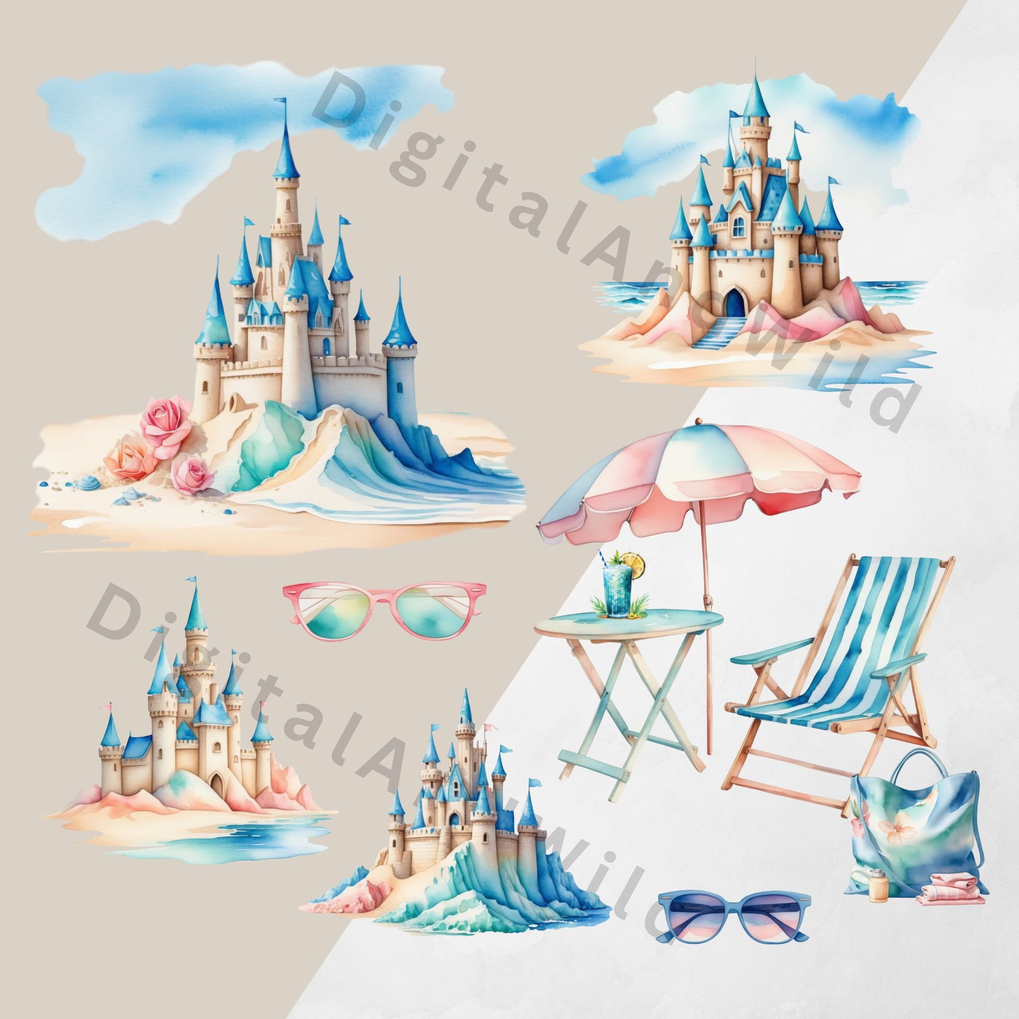 Summer Beach Watercolor Clipart Bundle Vacation Clip Art Boho Tropical ...