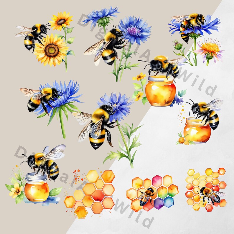 Bumblebee Clipart Bundle PNG, Watercolor Bee Garden Clipart, Commercial ...
