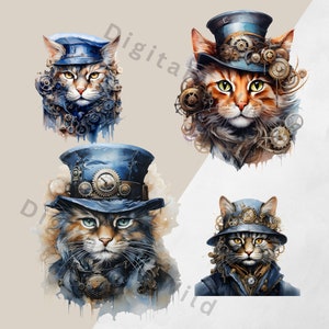 Steampunk Cat Clipart PNG, 12 Watercolor Cat Designs Commercial Use ...