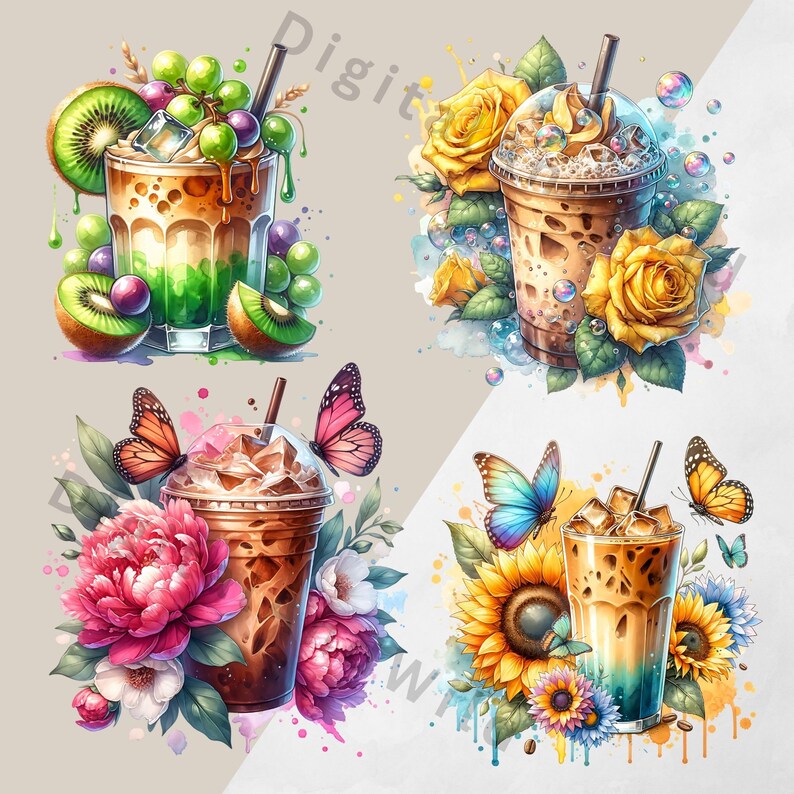Floral Iced Coffee Lover Clipart, Watercolor Flower Digital Designs, 12 ...