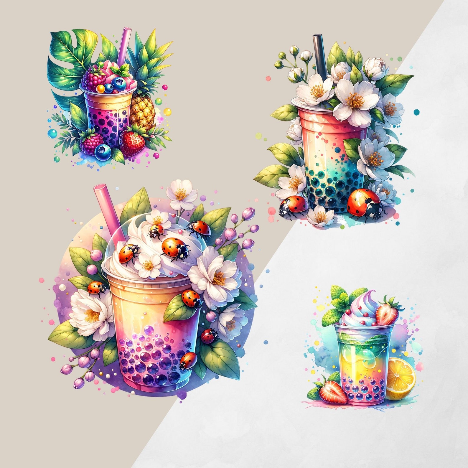 Floral Bubble Tea Clipart: Watercolor Flower Tea Lover PNG Set (digital ...