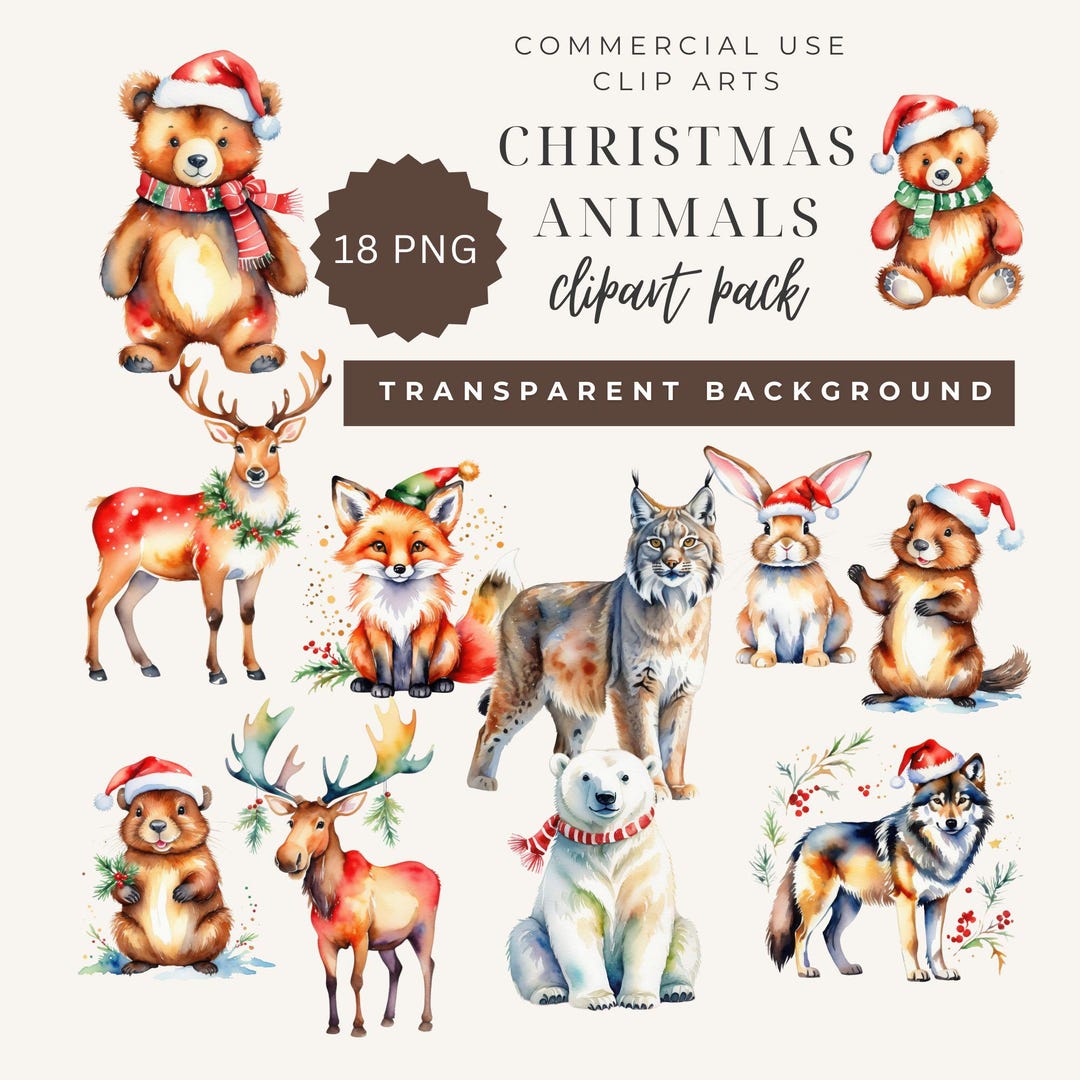 Watercolor Christmas Animals Clipart Bundle, Bear, Fox, Wolf Clip Arts ...