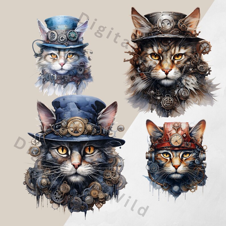 Steampunk Cat Clipart PNG, 12 Watercolor Cat Designs Commercial Use ...