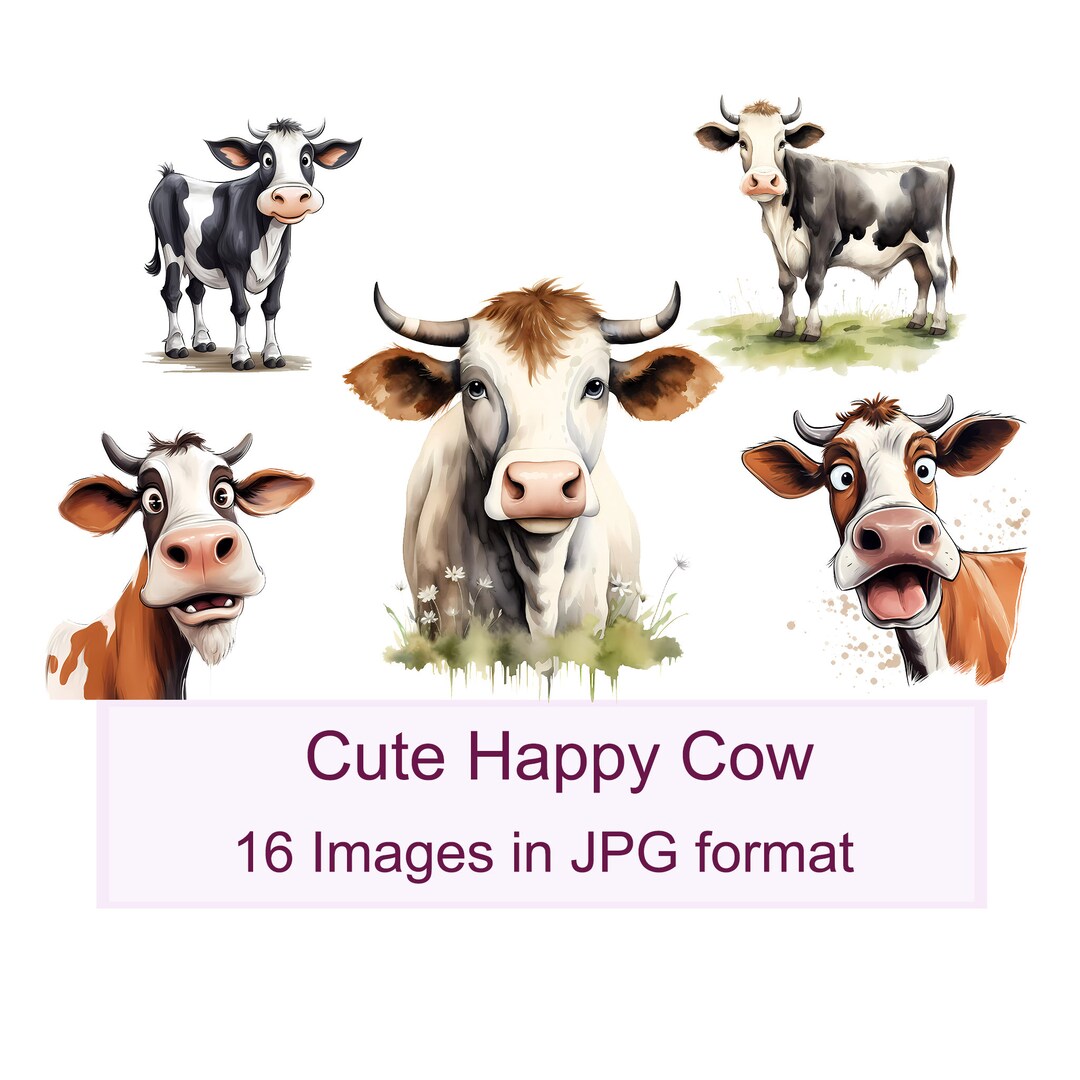 Happy Cow Digital Watercolor Clipart Bundle, Instant Digital Download ...