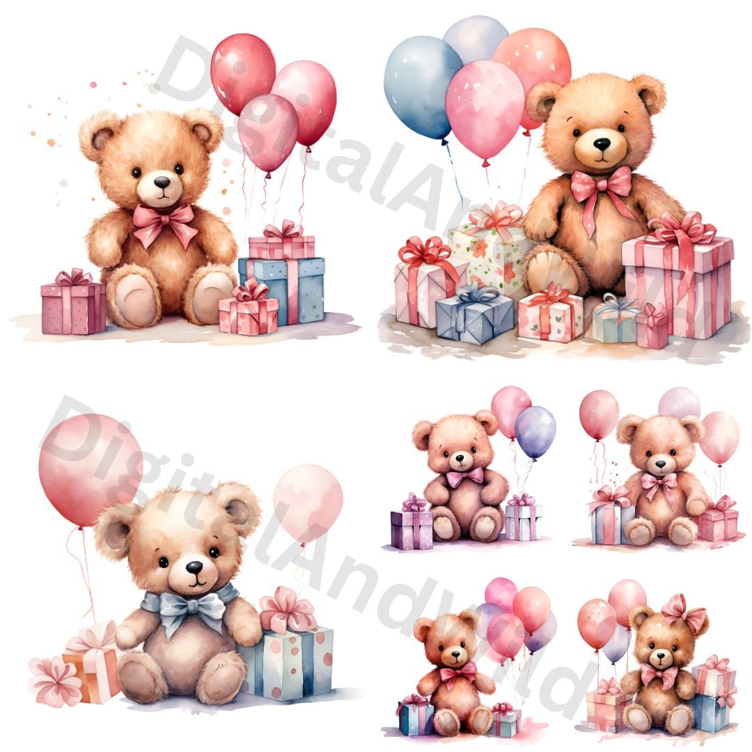 Cute Teddy Bear With Balloons Clipart Bundle - Adorable Nursery Design ...