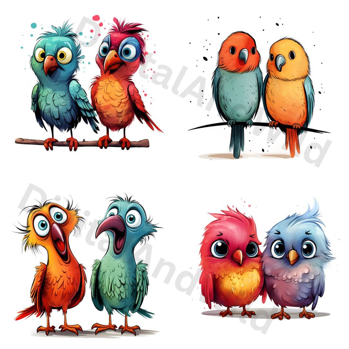 Funny and Cute Parrots Digital Clipart Bundle, Cute Birds Clip Arts ...