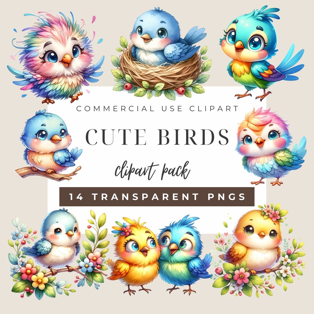Cute Birds Clipart, Watercolor PNG Designs (commercial Use) - Etsy