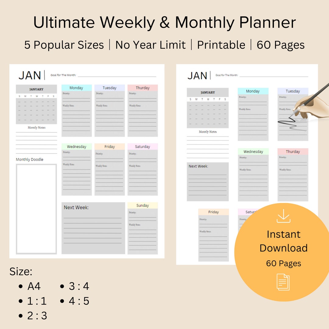 Monthly & Weekly Printable Digital Planner, No Year Limit, Minimalist ...