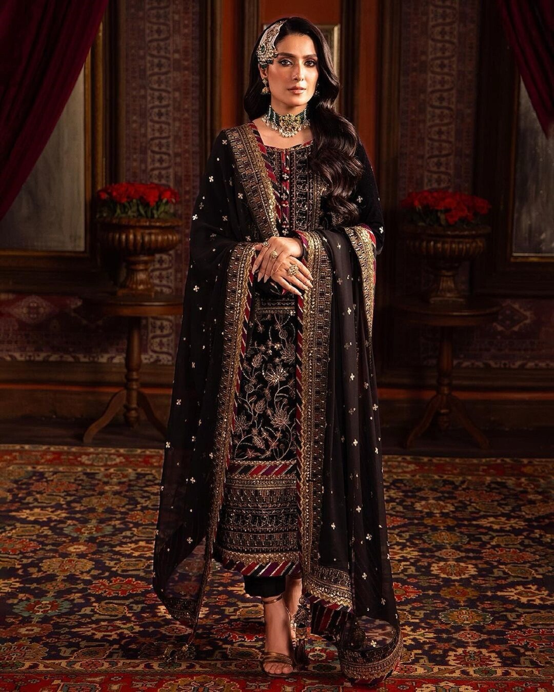 Pakistani Zari Embroidered Black Velvet Kurta Palazzo Set With Velvet ...