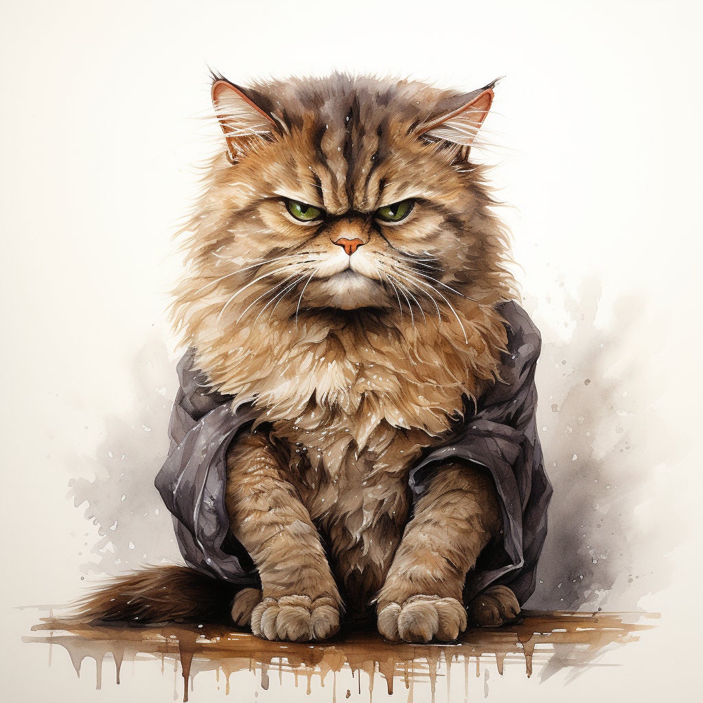 Grumpy Fat Cat Watercolour Painting Clipart 4 High Quality Jpgs Instant ...