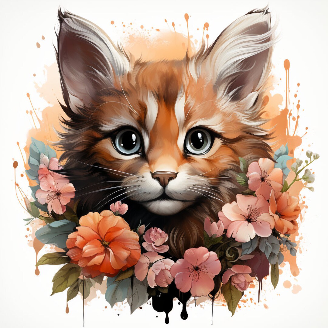 Boho Kitten With Bunny Floral Clipart 4 High Quality Jpgs Instant ...