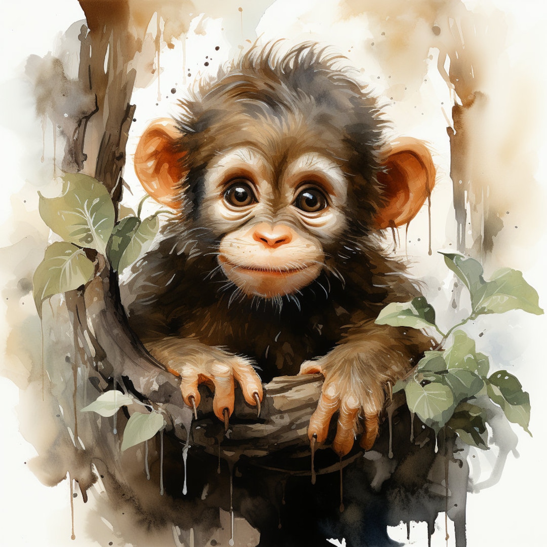 Cute Baby Monkey Watercolour Painting Clipart 4 High Quality Jpgs ...