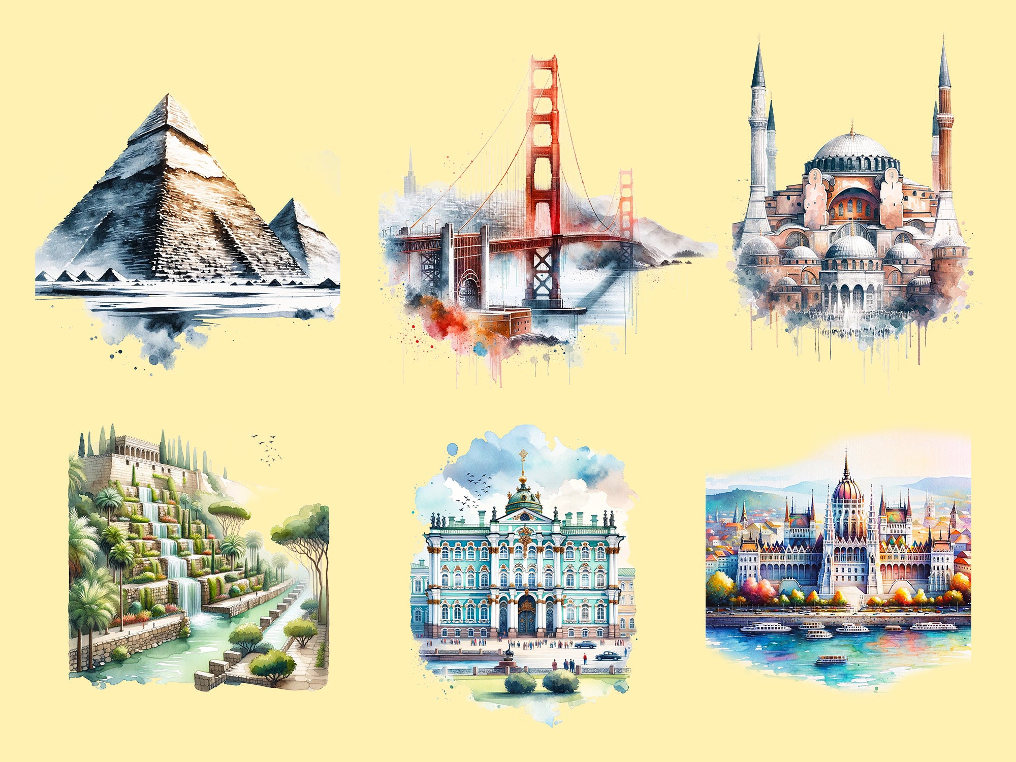 Watercolor Wonders Clipart: 12 Transparent Pngs World's Iconic ...