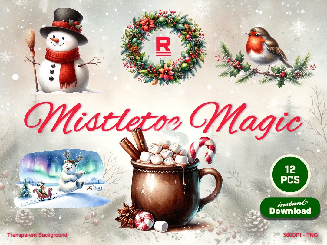 Holiday Watercolor Charm Christmas Themed Transparent PNG - Etsy