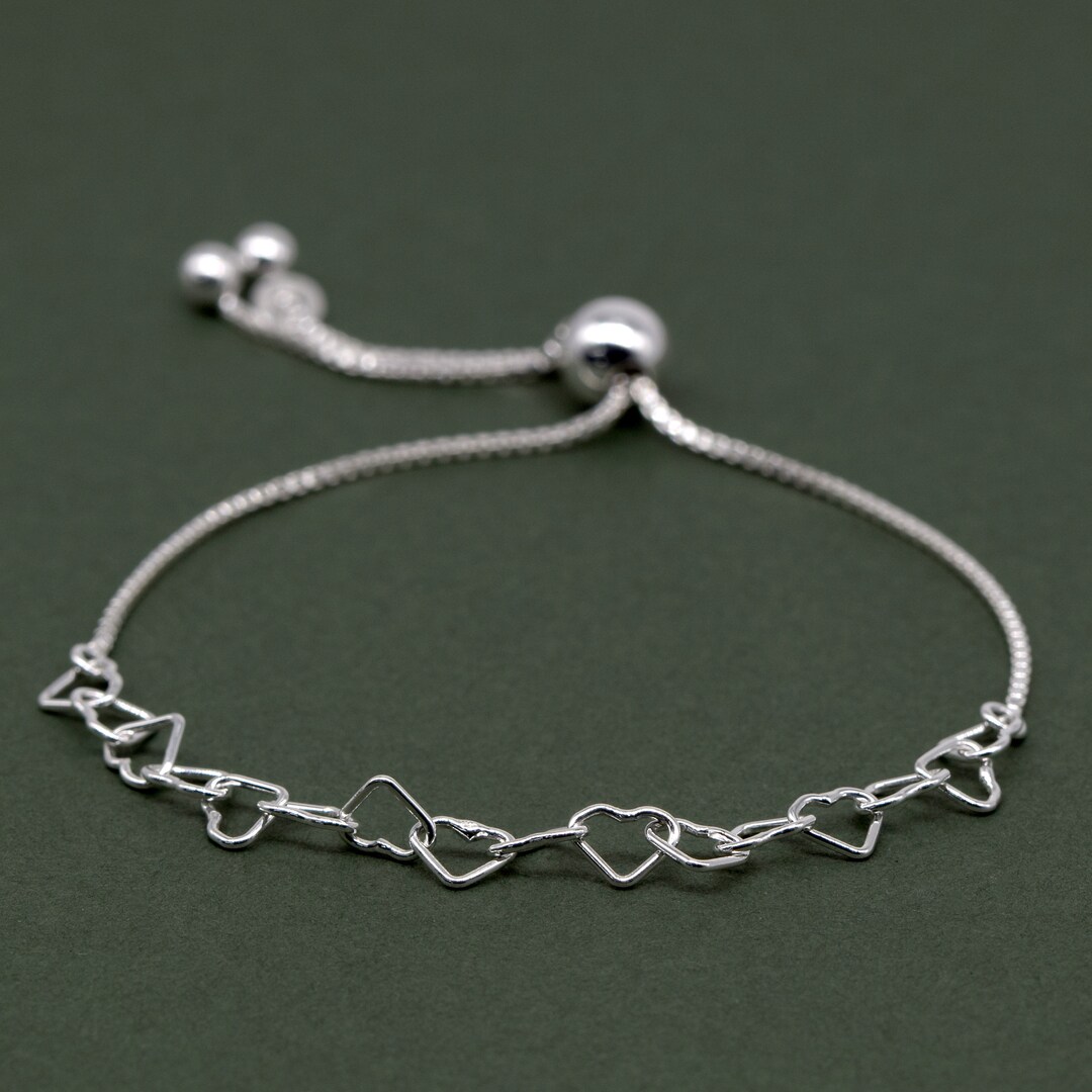 Genuine 925 Sterling Silver Chain of Hearts Adjustable Slider Bracelet ...