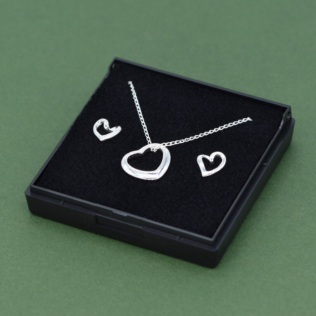 Genuine 925 Sterling Silver Floating Heart Necklace & Earring Set in ...