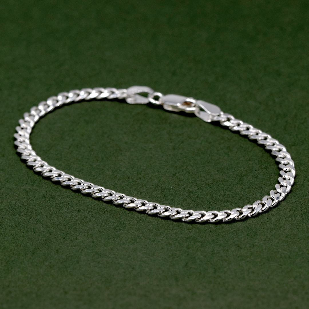 Sterling Silver Flat Curb Bracelet, Solid Silver Chain, Cuban Style ...