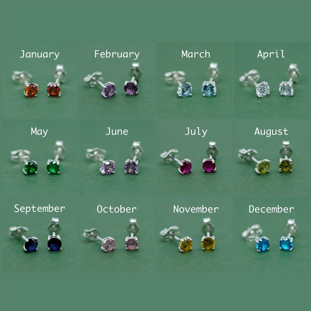 Sterling Silver Birthstone Stud Earrings, 4mm Gem CZ Earrings, Crystal ...