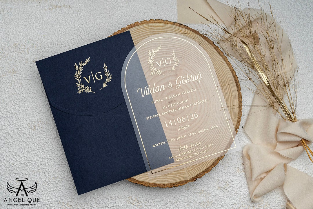 Arched Acrylic Wedding Invitation With Gold Foil Border & Navy Envelope ...