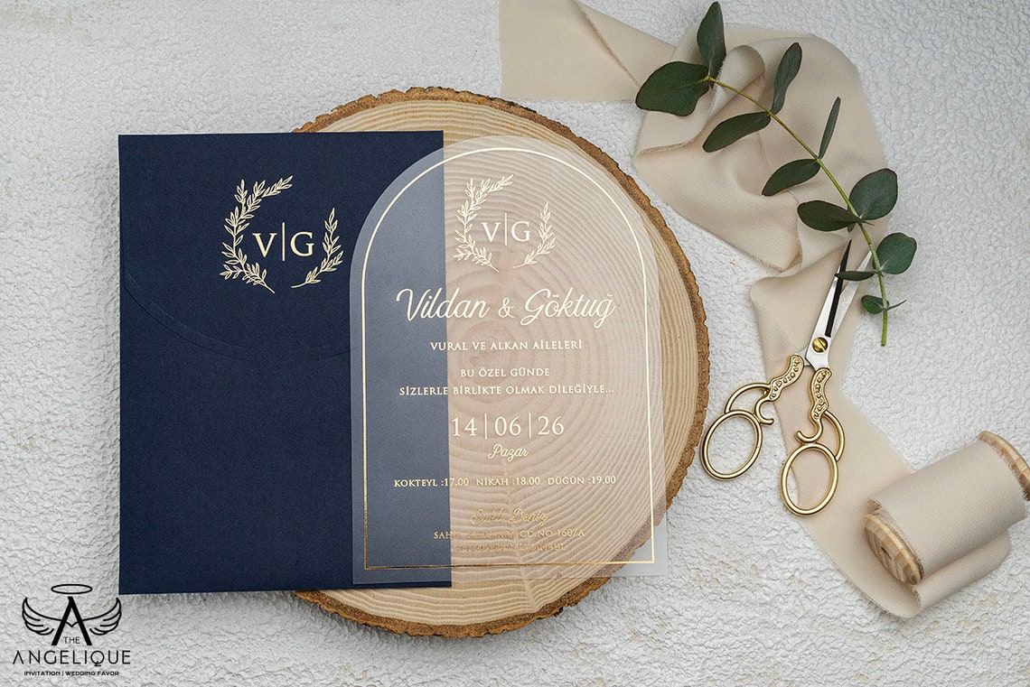 Arched Acrylic Wedding Invitation With Gold Foil Border & Navy Envelope ...