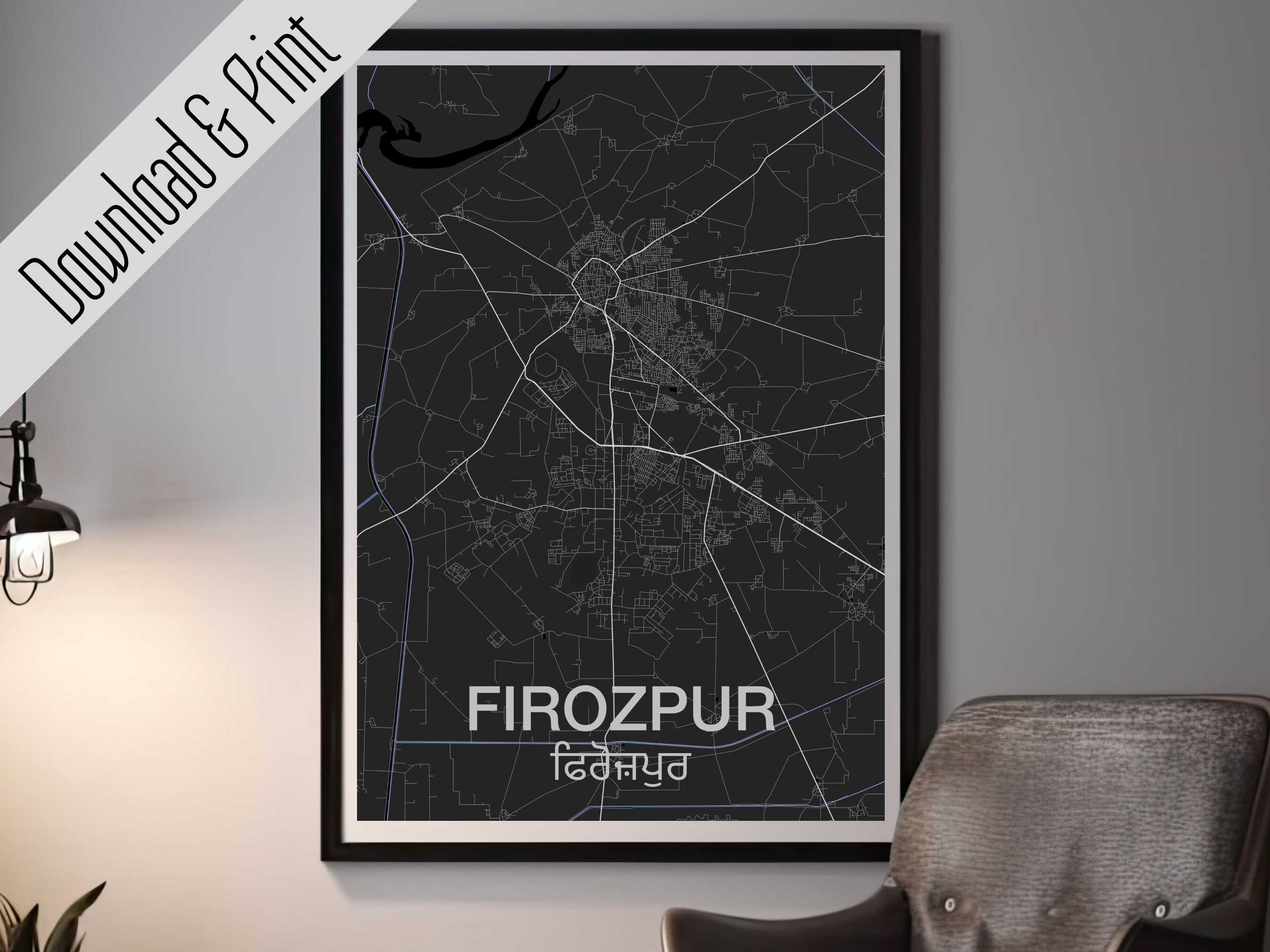 Firozpur, Punjab Printable Map. Road Map Art Poster Set of 4, White ...