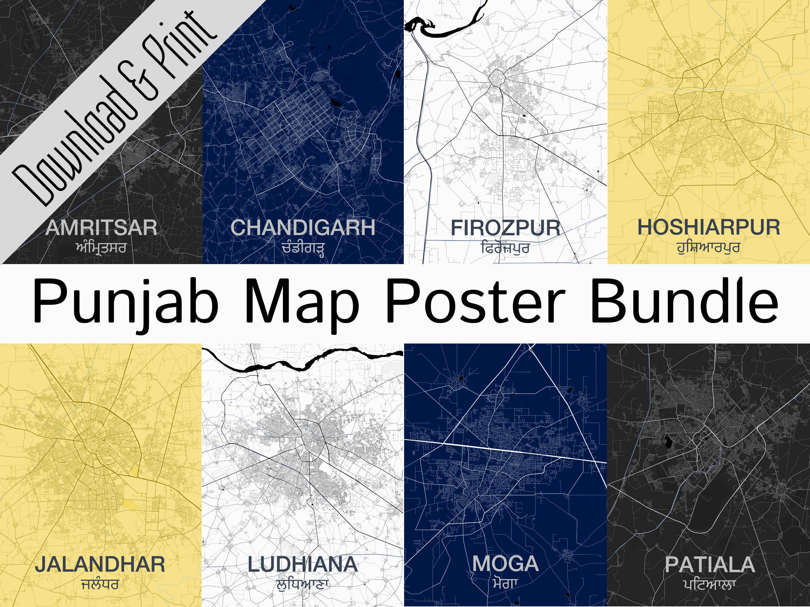 Stylish Maps of Punjab Bundle. Printable Map Posters. Eight Maps Each ...