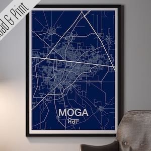 Moga, Punjab Printable Map. Road Map Art Poster Set of 4, White, Black ...