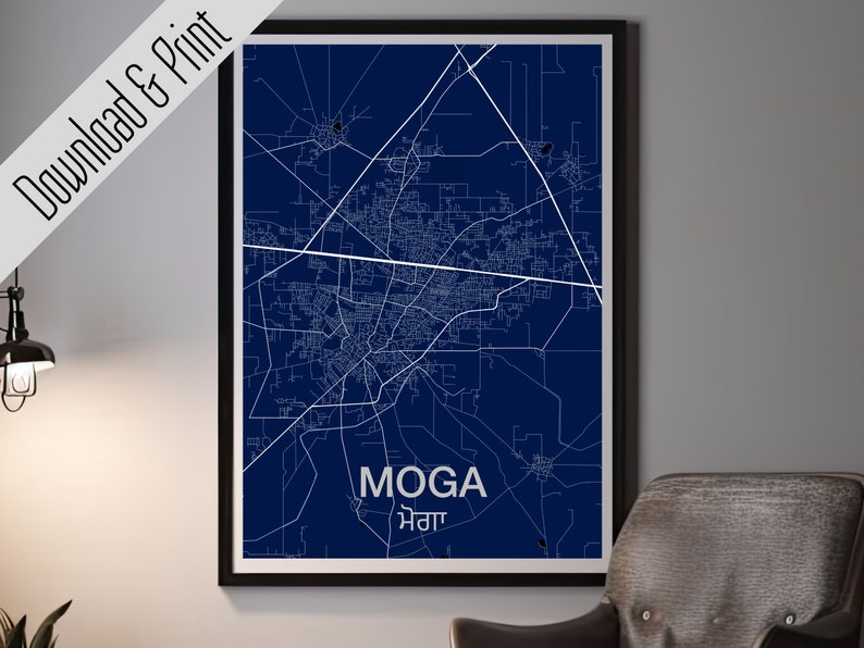 Moga, Punjab Printable Map. Road Map Art Poster Set of 4, White, Black ...
